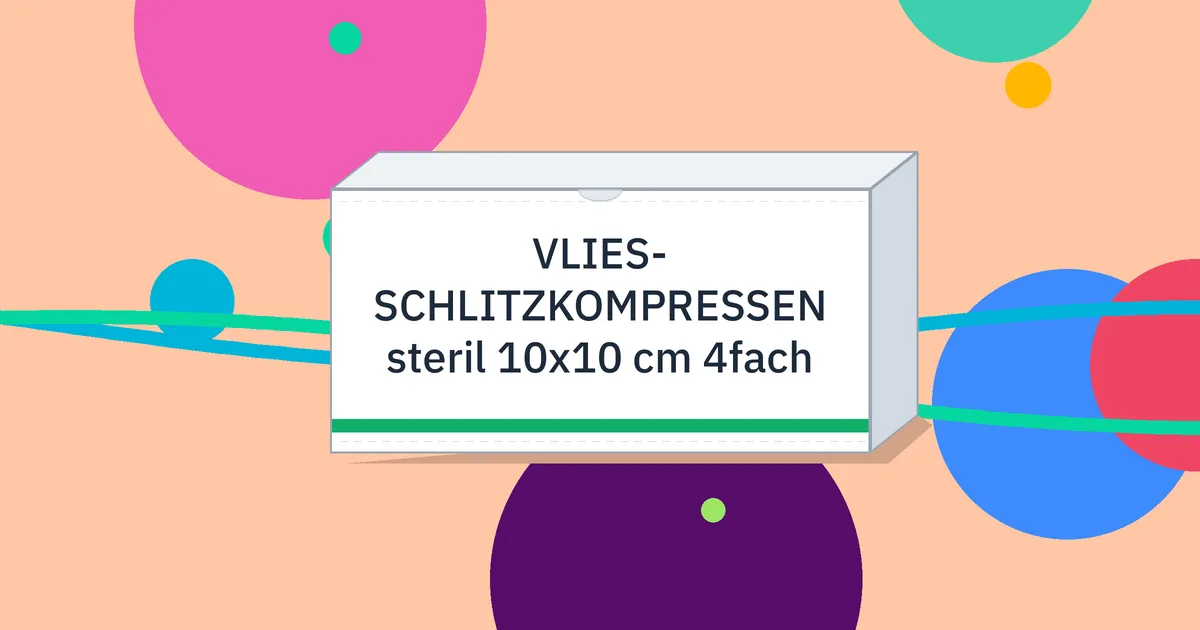 Symbolbild: Packung mit der Aufschrift VLIES-SCHLITZKOMPRESSEN steril 10x10 cm 4fach (PZN 11860042) – Verfügbarkeit und Bezug in Apotheken in Frankfurt am Main