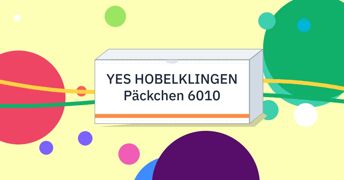 Symbolbild: Packung mit der Aufschrift YES HOBELKLINGEN Päckchen 6010 (PZN 01636527) – Verfügbarkeit und Bezug in Apotheken in Frankfurt am Main