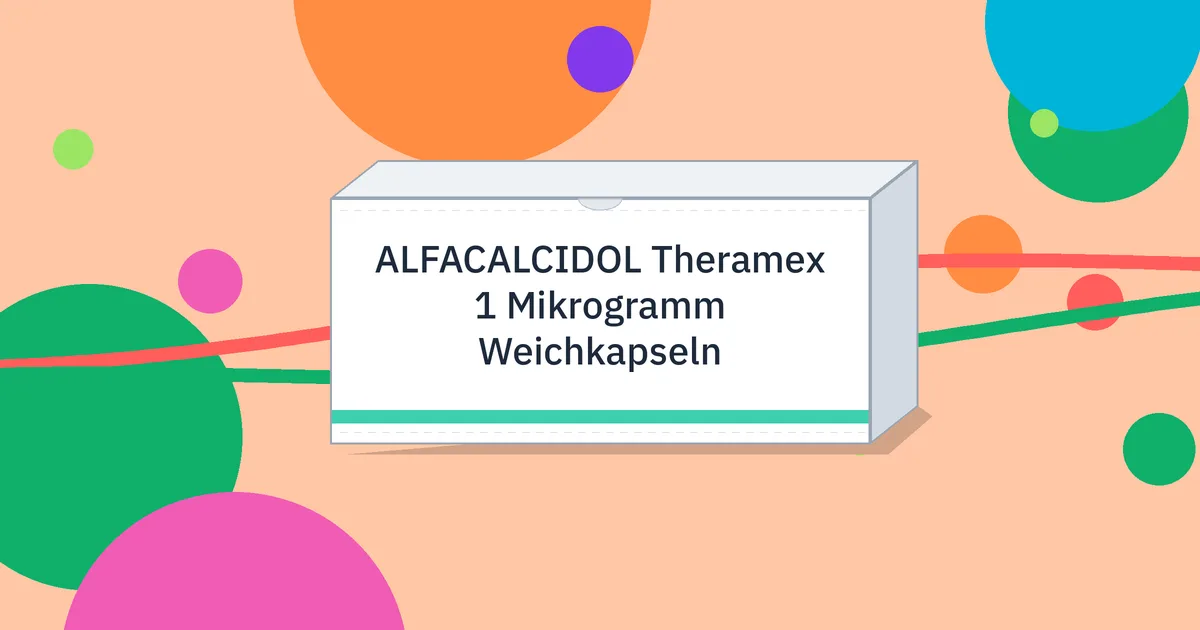 Symbolbild: Packung mit der Aufschrift ALFACALCIDOL Theramex 1 Mikrogramm Weichkapseln (PZN 17841867) – Verfügbarkeit und Bezug in Apotheken in Frankfurt am Main