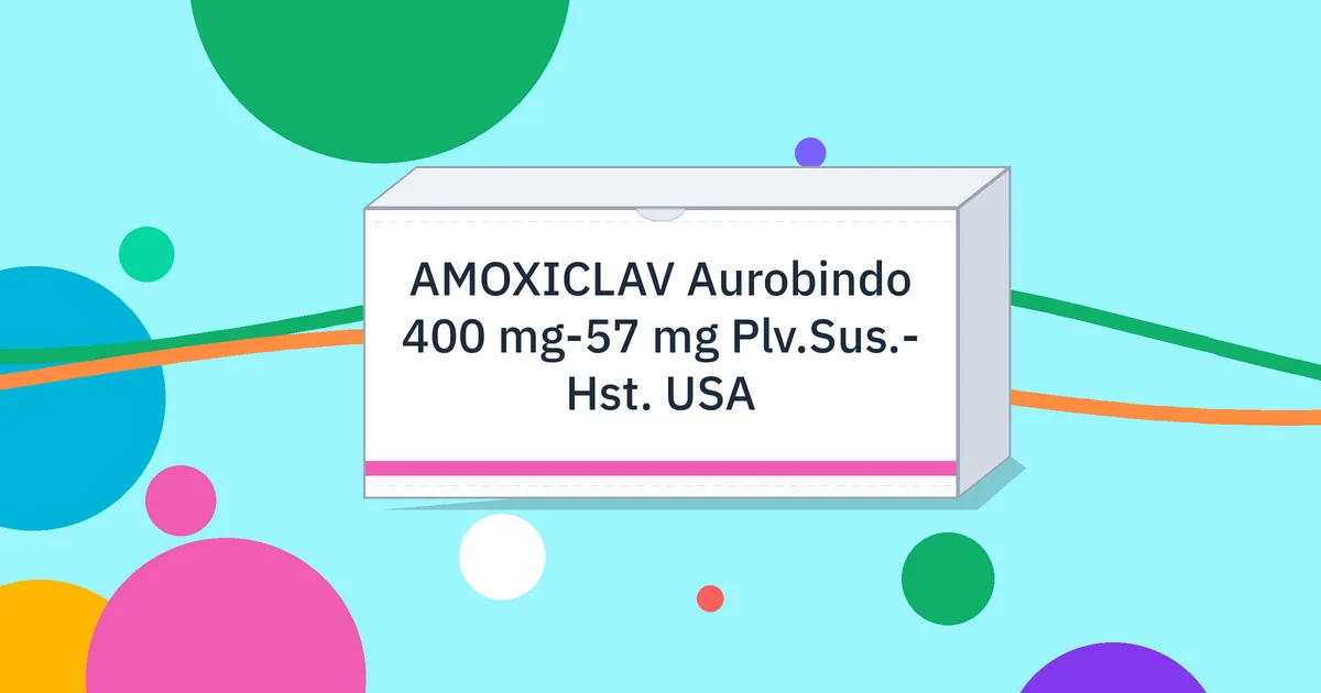 Symbolbild: Packung mit der Aufschrift AMOXICLAV Aurobindo 400 mg-57 mg Plv.Sus.-Hst. USA (PZN 18808642) – Verfügbarkeit und Bezug in Apotheken in Frankfurt am Main
