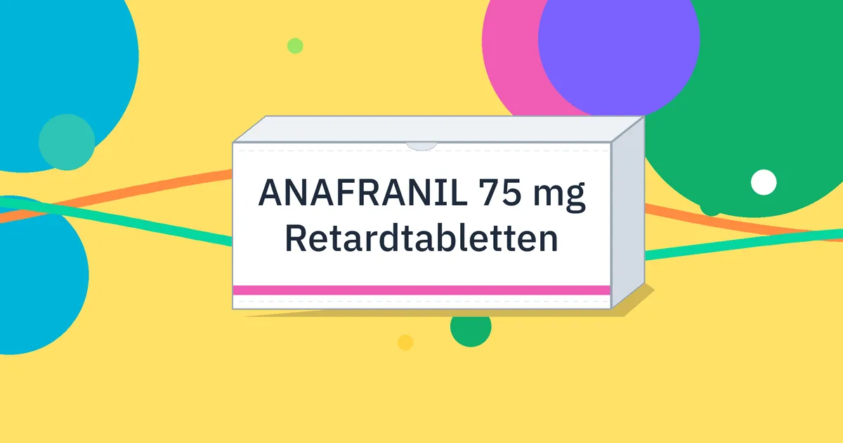 Symbolbild: Packung mit der Aufschrift ANAFRANIL 75 mg Retardtabletten (PZN 04954742) – Verfügbarkeit und Bezug in Apotheken in Frankfurt am Main
