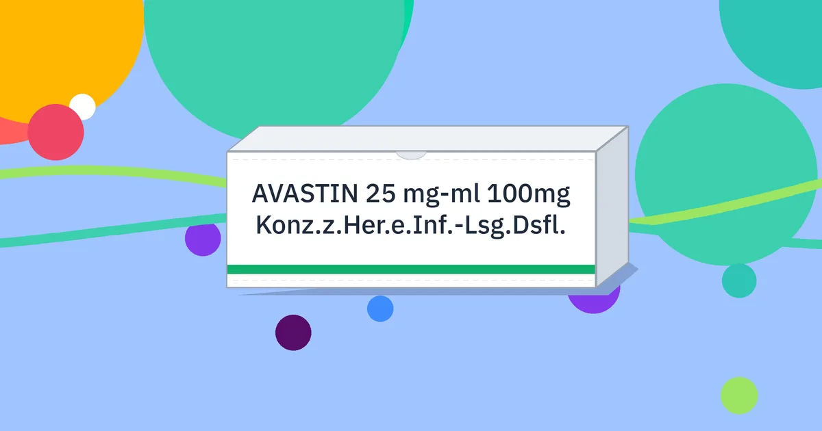 Symbolbild: Packung mit der Aufschrift AVASTIN 25 mg-ml 100mg Konz.z.Her.e.Inf.-Lsg.Dsfl. (PZN 02687260) – Verfügbarkeit und Bezug in Apotheken in Frankfurt am Main