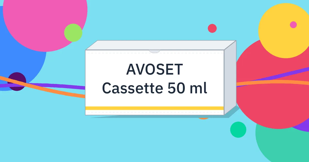 Symbolbild: Packung mit der Aufschrift AVOSET Cassette 50 ml (PZN 19990459) – Verfügbarkeit und Bezug in Apotheken in Frankfurt am Main