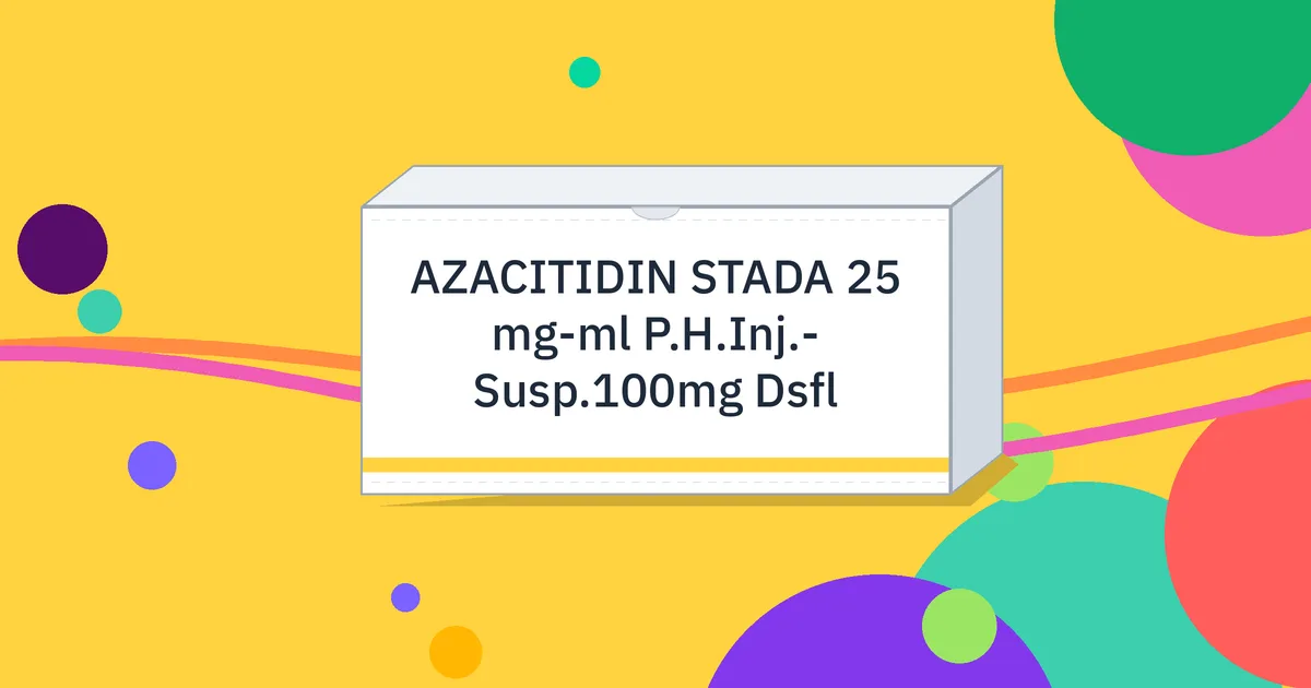 Symbolbild: Packung mit der Aufschrift AZACITIDIN STADA 25 mg-ml P.H.Inj.-Susp.100mg Dsfl (PZN 19709907) – Verfügbarkeit und Bezug in Apotheken in Frankfurt am Main