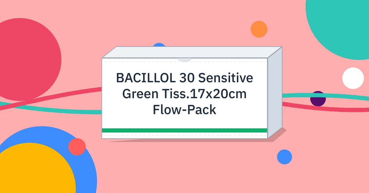 Symbolbild: Packung mit der Aufschrift BACILLOL 30 Sensitive Green Tiss.17x20cm Flow-Pack (PZN 18851738) – Verfügbarkeit und Bezug in Apotheken in Frankfurt am Main