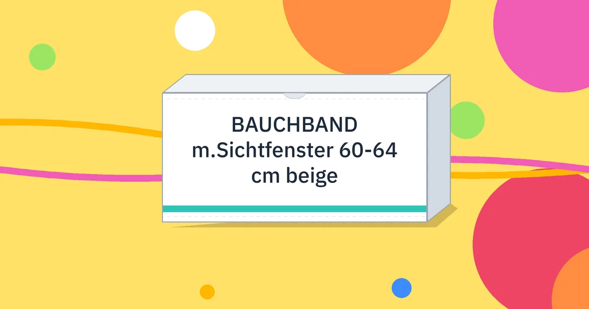 Symbolbild: Packung mit der Aufschrift BAUCHBAND m.Sichtfenster 60-64 cm beige (PZN 12904304) – Verfügbarkeit und Bezug in Apotheken in Frankfurt am Main