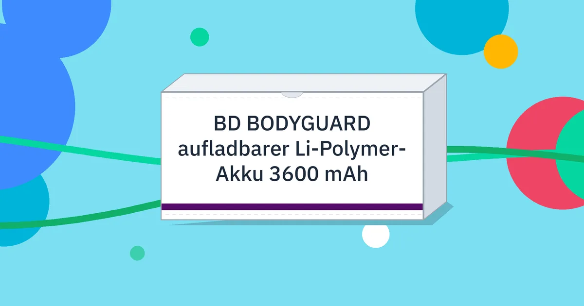 Symbolbild: Packung mit der Aufschrift BD BODYGUARD aufladbarer Li-Polymer-Akku 3600 mAh (PZN 18831204) – Verfügbarkeit und Bezug in Apotheken in Frankfurt am Main