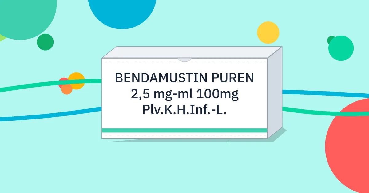 Symbolbild: Packung mit der Aufschrift BENDAMUSTIN PUREN 2,5 mg-ml 100mg Plv.K.H.Inf.-L. (PZN 18751586) – Verfügbarkeit und Bezug in Apotheken in Frankfurt am Main