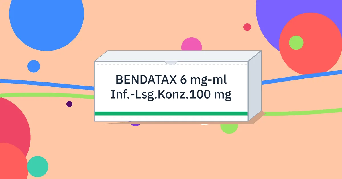 Symbolbild: Packung mit der Aufschrift BENDATAX 6 mg-ml Inf.-Lsg.Konz.100 mg (PZN 06443709) – Verfügbarkeit und Bezug in Apotheken in Frankfurt am Main