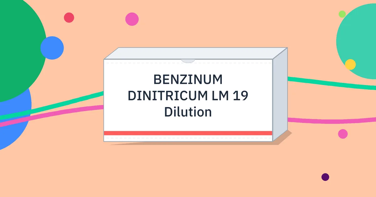 Symbolbild: Packung mit der Aufschrift BENZINUM DINITRICUM LM 19 Dilution (PZN 13382397) – Verfügbarkeit und Bezug in Apotheken in Frankfurt am Main