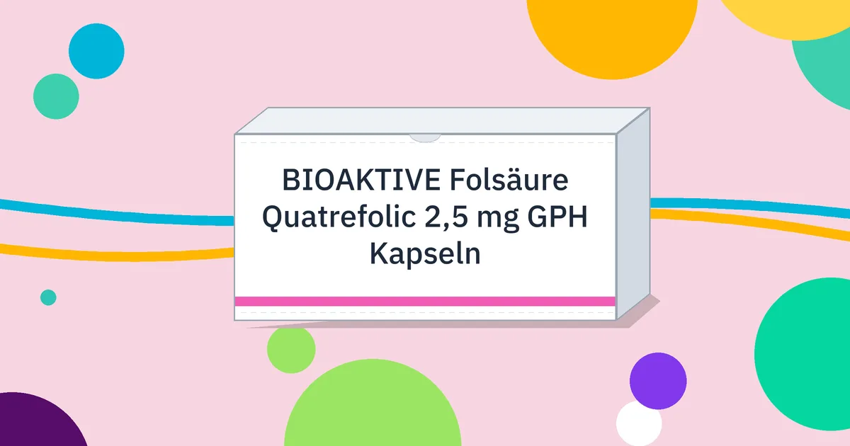 Symbolbild: Packung mit der Aufschrift BIOAKTIVE Folsäure Quatrefolic 2,5 mg GPH Kapseln (PZN 18310540) – Verfügbarkeit und Bezug in Apotheken in Frankfurt am Main
