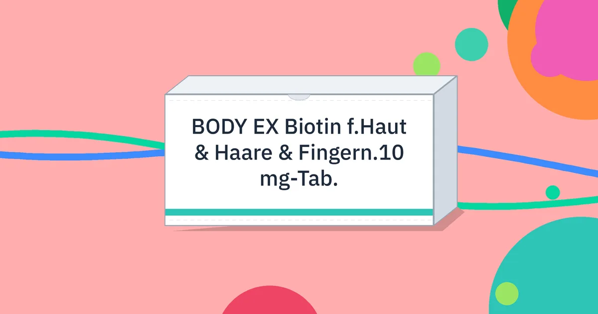 Symbolbild: Packung mit der Aufschrift BODY EX Biotin f.Haut & Haare & Fingern.10 mg-Tab. (PZN 18061396) – Verfügbarkeit und Bezug in Apotheken in Frankfurt am Main