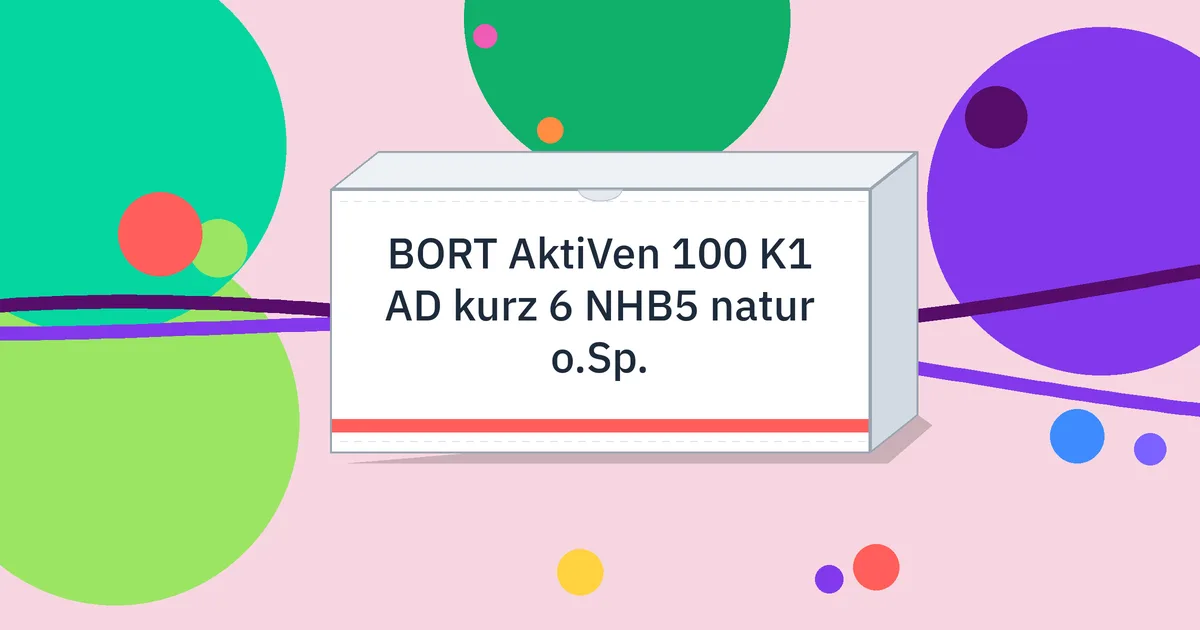 Symbolbild: Packung mit der Aufschrift BORT AktiVen 100 K1 AD kurz 6 NHB5 natur o.Sp. (PZN 17493573) – Verfügbarkeit und Bezug in Apotheken in Frankfurt am Main