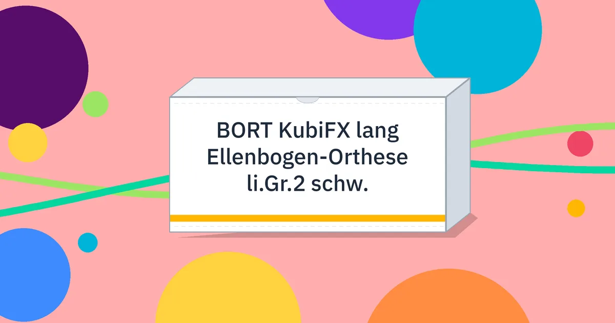 Symbolbild: Packung mit der Aufschrift BORT KubiFX lang Ellenbogen-Orthese li.Gr.2 schw. (PZN 04195727) – Verfügbarkeit und Bezug in Apotheken in Frankfurt am Main