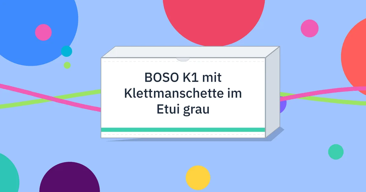 Symbolbild: Packung mit der Aufschrift BOSO K1 mit Klettmanschette im Etui grau (PZN 09920400) – Verfügbarkeit und Bezug in Apotheken in Frankfurt am Main
