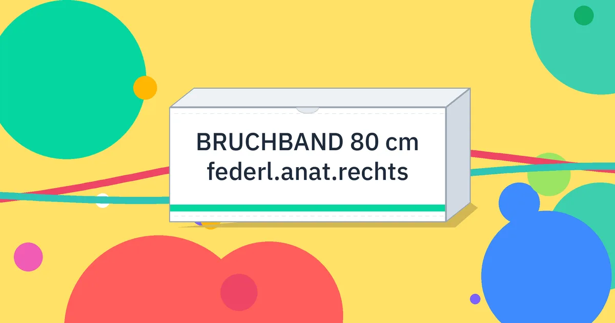 Symbolbild: Packung mit der Aufschrift BRUCHBAND 80 cm federl.anat.rechts (PZN 01961581) – Verfügbarkeit und Bezug in Apotheken in Frankfurt am Main