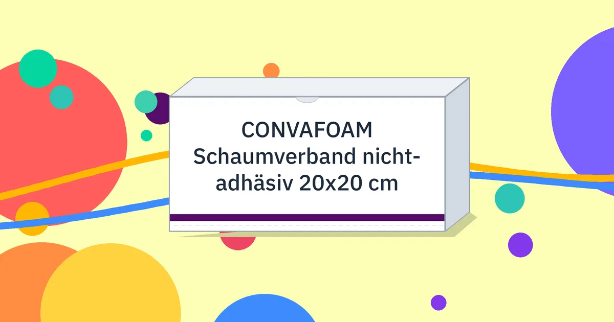 Symbolbild: Packung mit der Aufschrift CONVAFOAM Schaumverband nicht-adhäsiv 20x20 cm (PZN 20629467) – Verfügbarkeit und Bezug in Apotheken in Frankfurt am Main