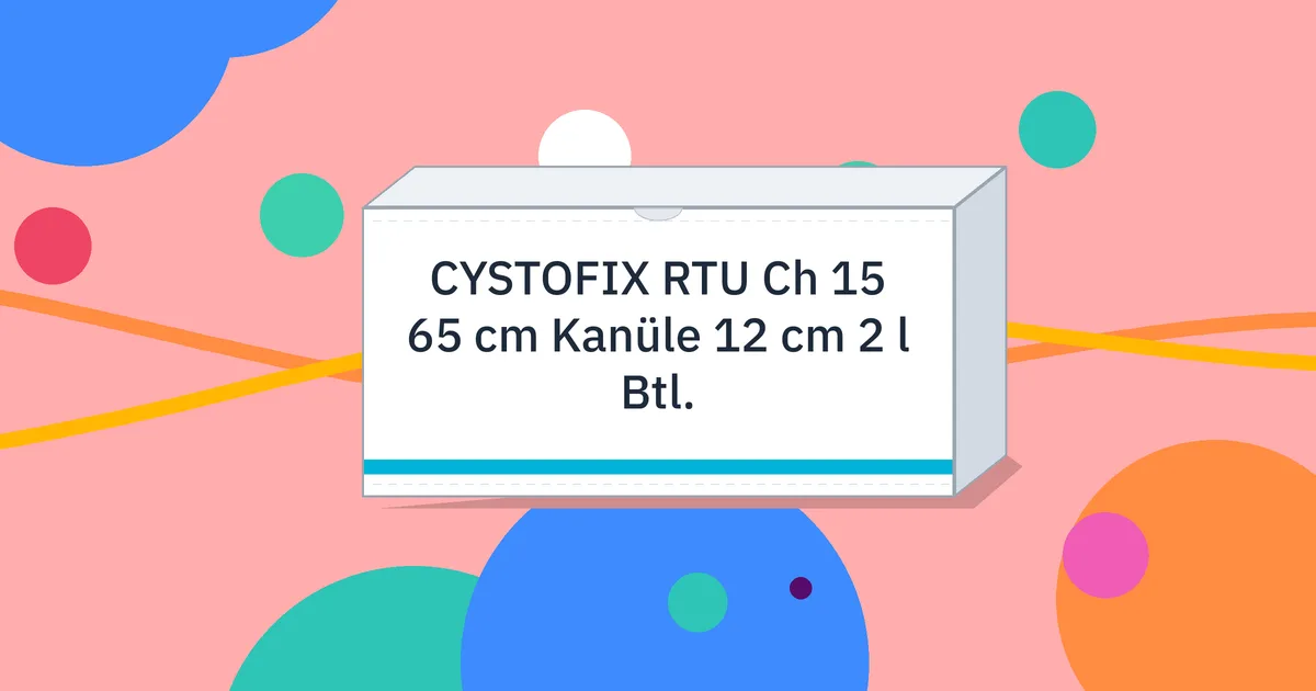 Symbolbild: Packung mit der Aufschrift CYSTOFIX RTU Ch 15 65 cm Kanüle 12 cm 2 l Btl. (PZN 11584777) – Verfügbarkeit und Bezug in Apotheken in Frankfurt am Main