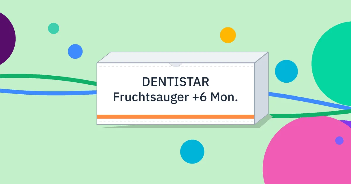 Symbolbild: Packung mit der Aufschrift DENTISTAR Fruchtsauger +6 Mon. (PZN 16008707) – Verfügbarkeit und Bezug in Apotheken in Frankfurt am Main