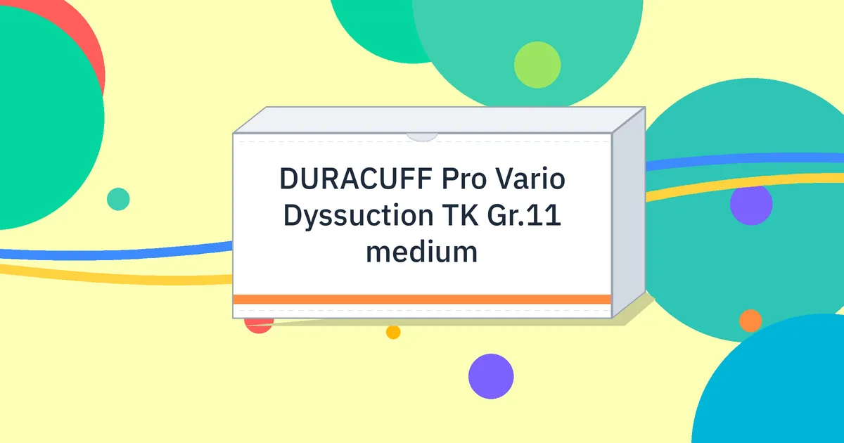 Symbolbild: Packung mit der Aufschrift DURACUFF Pro Vario Dyssuction TK Gr.11 medium (PZN 20088221) – Verfügbarkeit und Bezug in Apotheken in Frankfurt am Main