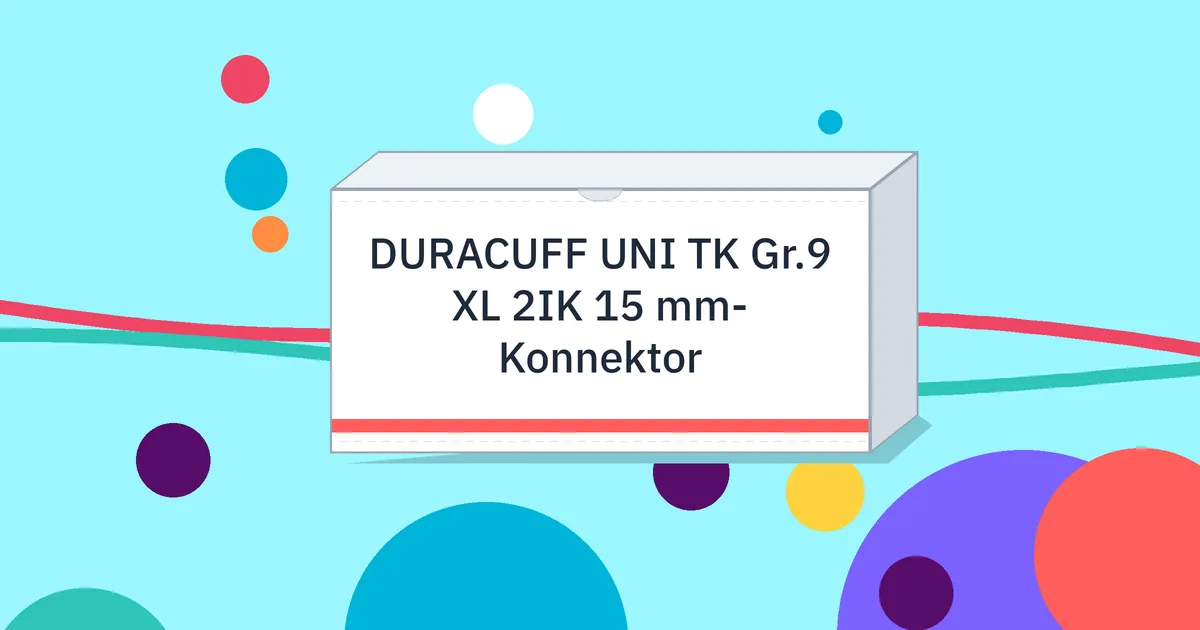 Symbolbild: Packung mit der Aufschrift DURACUFF UNI TK Gr.9 XL 2IK 15 mm-Konnektor (PZN 01222702) – Verfügbarkeit und Bezug in Apotheken in Frankfurt am Main