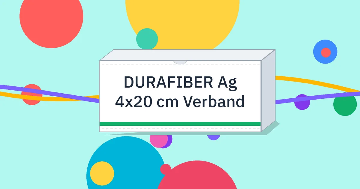 Symbolbild: Packung mit der Aufschrift DURAFIBER Ag 4x20 cm Verband (PZN 03426337) – Verfügbarkeit und Bezug in Apotheken in Frankfurt am Main