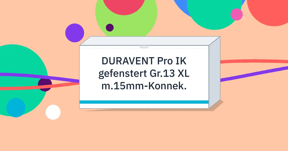 Symbolbild: Packung mit der Aufschrift DURAVENT Pro IK gefenstert Gr.13 XL m.15mm-Konnek. (PZN 19243343) – Verfügbarkeit und Bezug in Apotheken in Frankfurt am Main