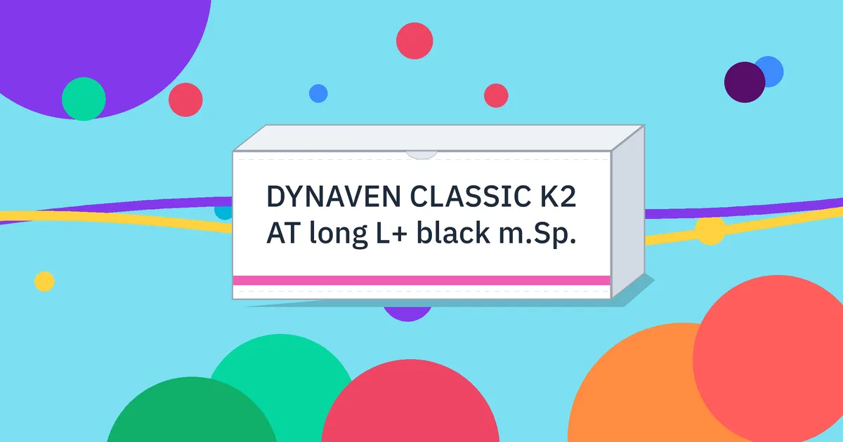 Symbolbild: Packung mit der Aufschrift DYNAVEN CLASSIC K2 AT long L+ black m.Sp. (PZN 18419254) – Verfügbarkeit und Bezug in Apotheken in Frankfurt am Main