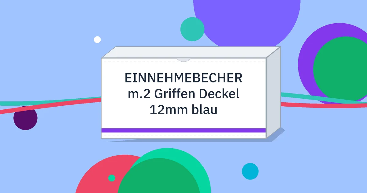 Symbolbild: Packung mit der Aufschrift EINNEHMEBECHER m.2 Griffen Deckel 12mm blau (PZN 10124051) – Verfügbarkeit und Bezug in Apotheken in Frankfurt am Main