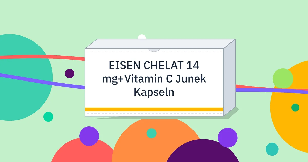 Symbolbild: Packung mit der Aufschrift EISEN CHELAT 14 mg+Vitamin C Junek Kapseln (PZN 10082252) – Verfügbarkeit und Bezug in Apotheken in Frankfurt am Main