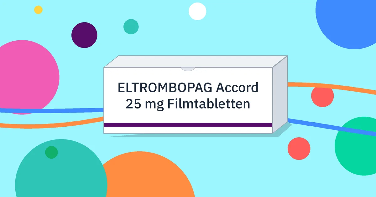 Symbolbild: Packung mit der Aufschrift ELTROMBOPAG Accord 25 mg Filmtabletten (PZN 19662577) – Verfügbarkeit und Bezug in Apotheken in Frankfurt am Main
