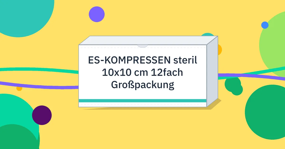 Symbolbild: Packung mit der Aufschrift ES-KOMPRESSEN steril 10x10 cm 12fach Großpackung (PZN 18154040) – Verfügbarkeit und Bezug in Apotheken in Frankfurt am Main