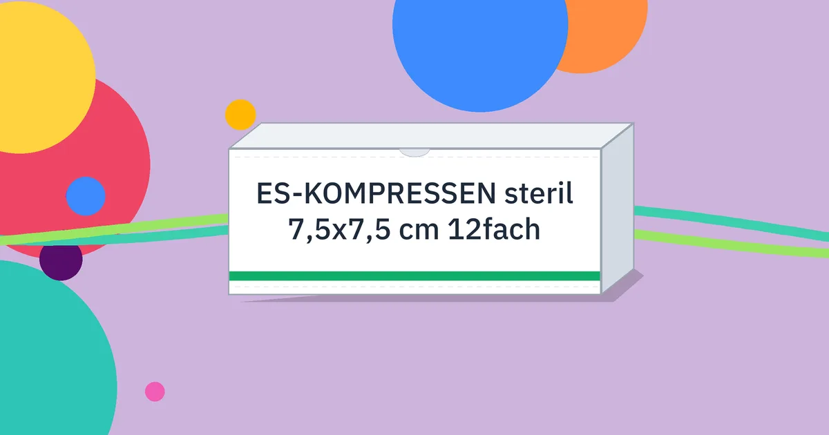 Symbolbild: Packung mit der Aufschrift ES-KOMPRESSEN steril 7,5x7,5 cm 12fach (PZN 20510714) – Verfügbarkeit und Bezug in Apotheken in Frankfurt am Main