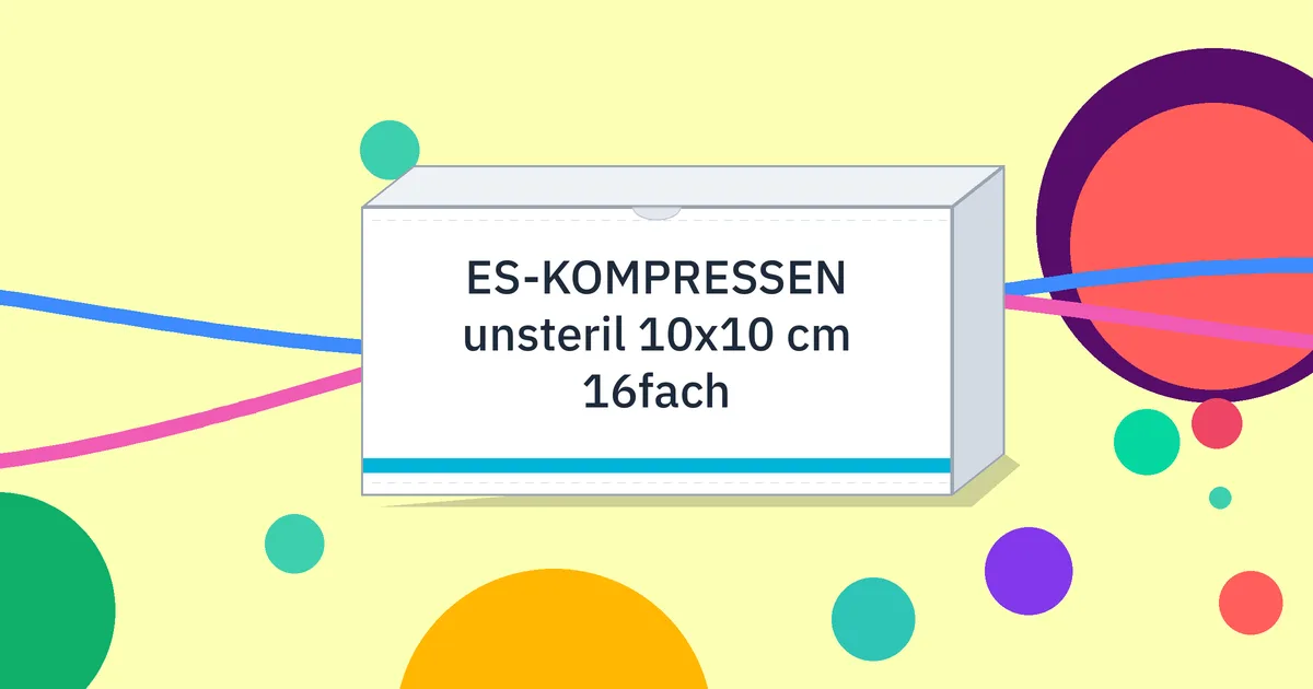 Symbolbild: Packung mit der Aufschrift ES-KOMPRESSEN unsteril 10x10 cm 16fach (PZN 19786144) – Verfügbarkeit und Bezug in Apotheken in Frankfurt am Main