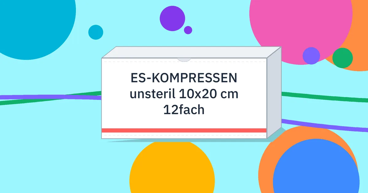 Symbolbild: Packung mit der Aufschrift ES-KOMPRESSEN unsteril 10x20 cm 12fach (PZN 18715751) – Verfügbarkeit und Bezug in Apotheken in Frankfurt am Main