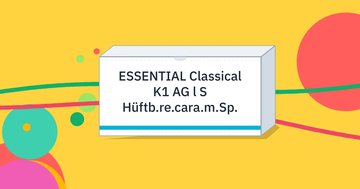 Symbolbild: Packung mit der Aufschrift ESSENTIAL Classical K1 AG l S Hüftb.re.cara.m.Sp. (PZN 17011812) – Verfügbarkeit und Bezug in Apotheken in Frankfurt am Main
