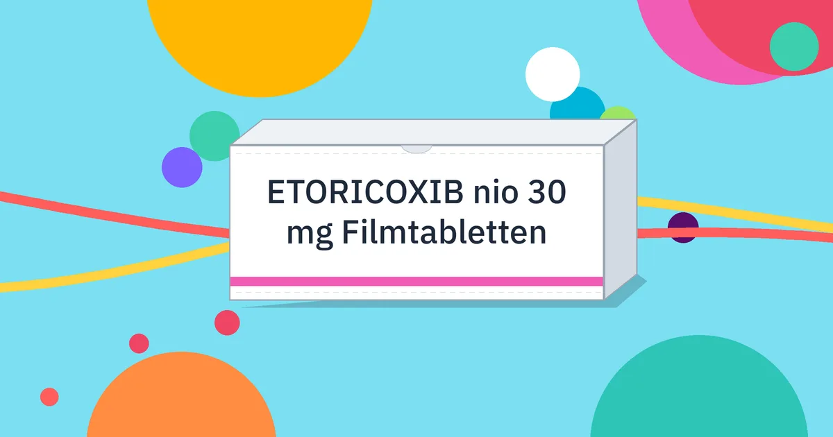 Symbolbild: Packung mit der Aufschrift ETORICOXIB nio 30 mg Filmtabletten (PZN 20347993) – Verfügbarkeit und Bezug in Apotheken in Frankfurt am Main