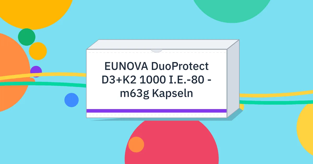 Symbolbild: Packung mit der Aufschrift EUNOVA DuoProtect D3+K2 1000 I.E.-80 -m63g Kapseln (PZN 13360622) – Verfügbarkeit und Bezug in Apotheken in Frankfurt am Main