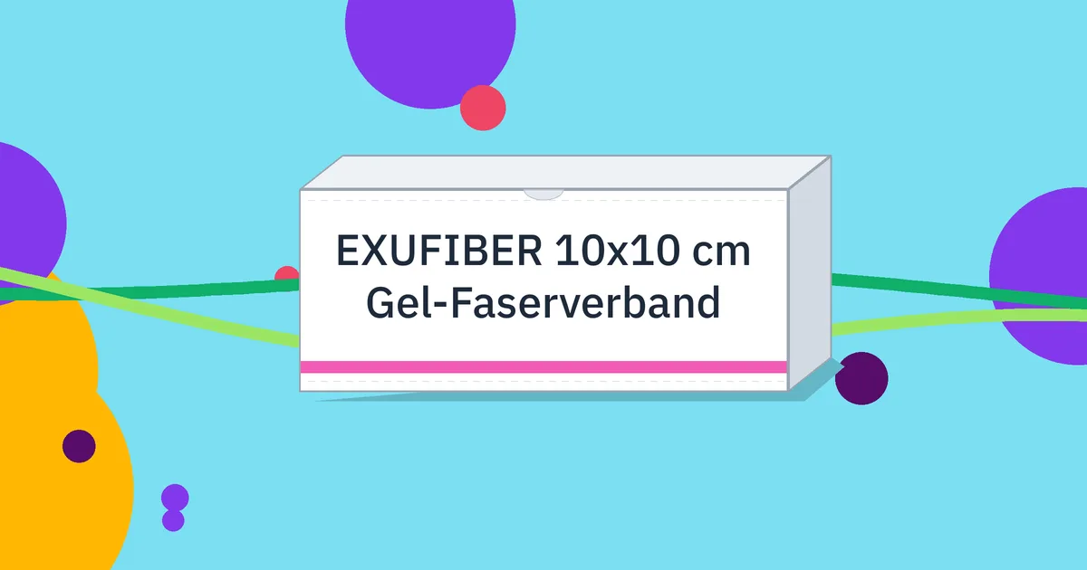 Symbolbild: Packung mit der Aufschrift EXUFIBER 10x10 cm Gel-Faserverband (PZN 19542399) – Verfügbarkeit und Bezug in Apotheken in Frankfurt am Main