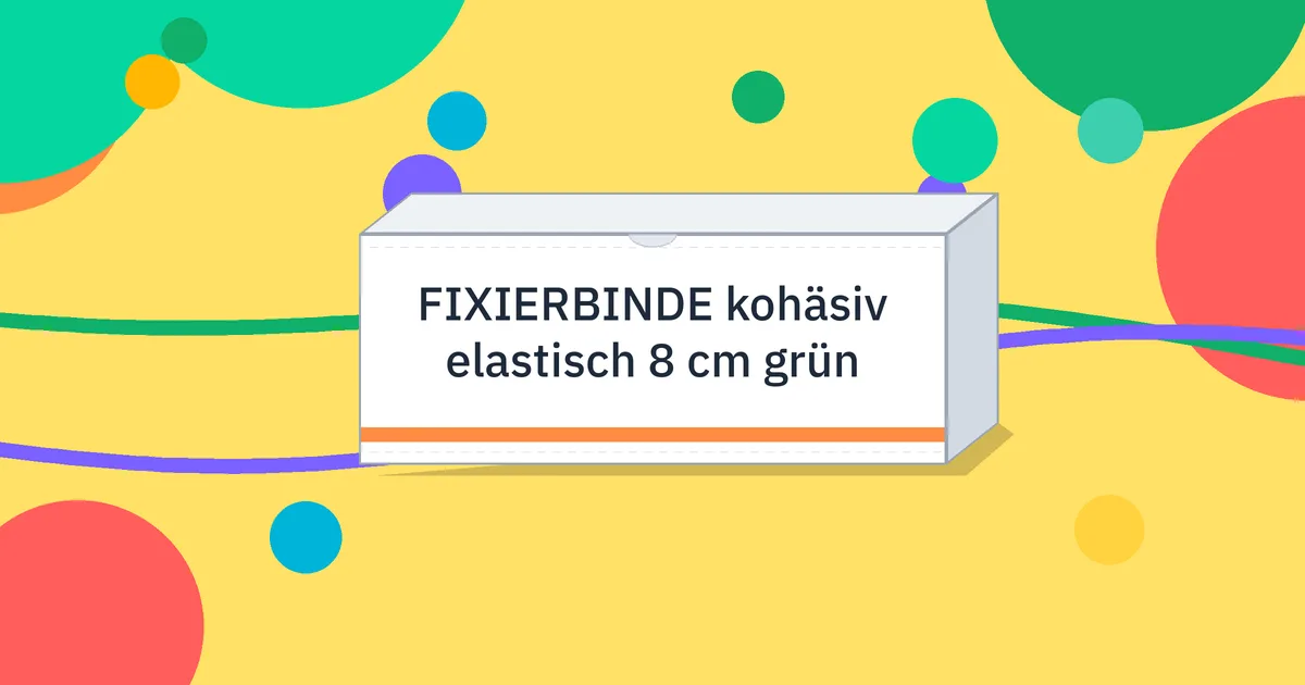 Symbolbild: Packung mit der Aufschrift FIXIERBINDE kohäsiv elastisch 8 cm grün (PZN 03759837) – Verfügbarkeit und Bezug in Apotheken in Frankfurt am Main