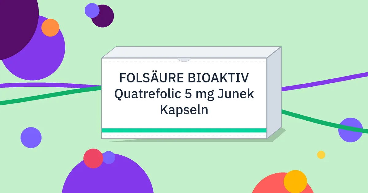 Symbolbild: Packung mit der Aufschrift FOLSÄURE BIOAKTIV Quatrefolic 5 mg Junek Kapseln (PZN 18311077) – Verfügbarkeit und Bezug in Apotheken in Frankfurt am Main