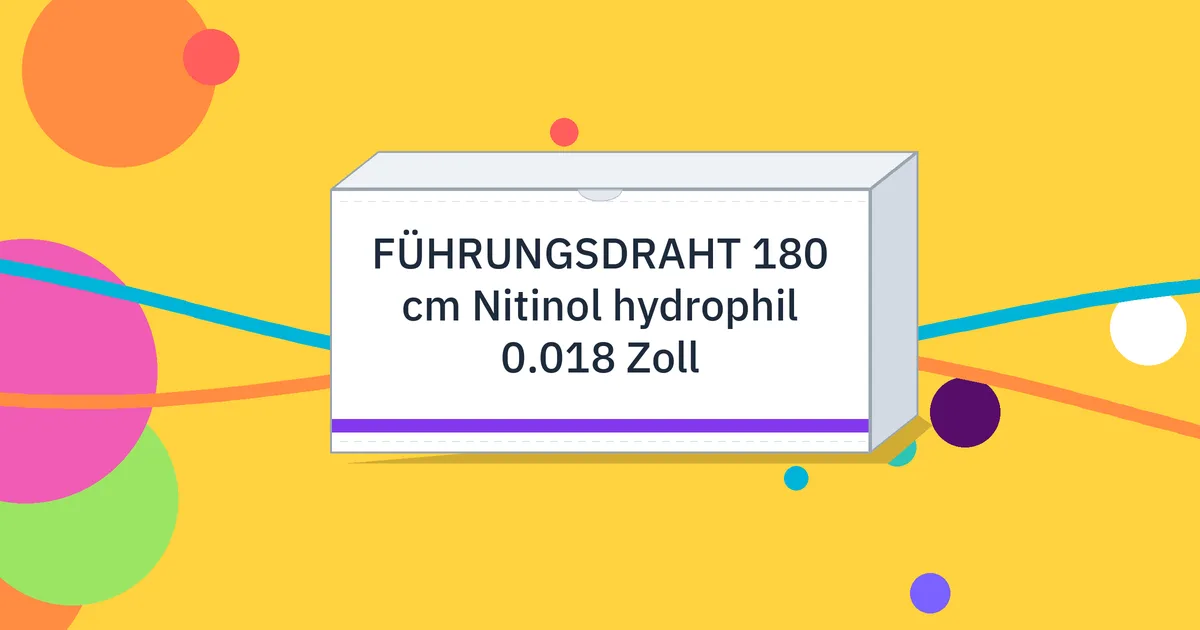 Symbolbild: Packung mit der Aufschrift FÜHRUNGSDRAHT 180 cm Nitinol hydrophil 0.018 Zoll (PZN 12424886) – Verfügbarkeit und Bezug in Apotheken in Frankfurt am Main