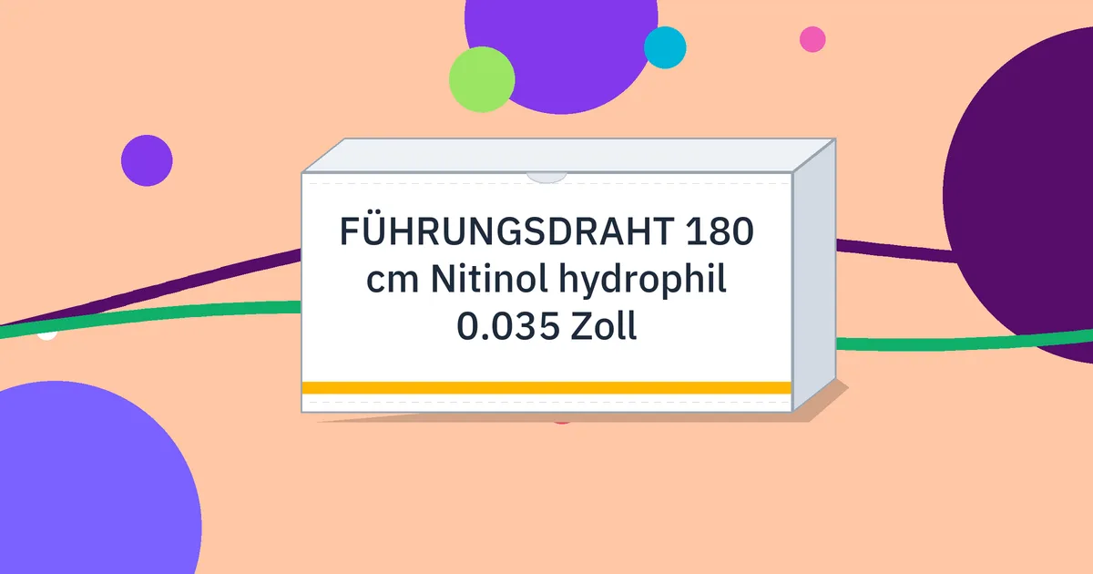 Symbolbild: Packung mit der Aufschrift FÜHRUNGSDRAHT 180 cm Nitinol hydrophil 0.035 Zoll (PZN 12424892) – Verfügbarkeit und Bezug in Apotheken in Frankfurt am Main