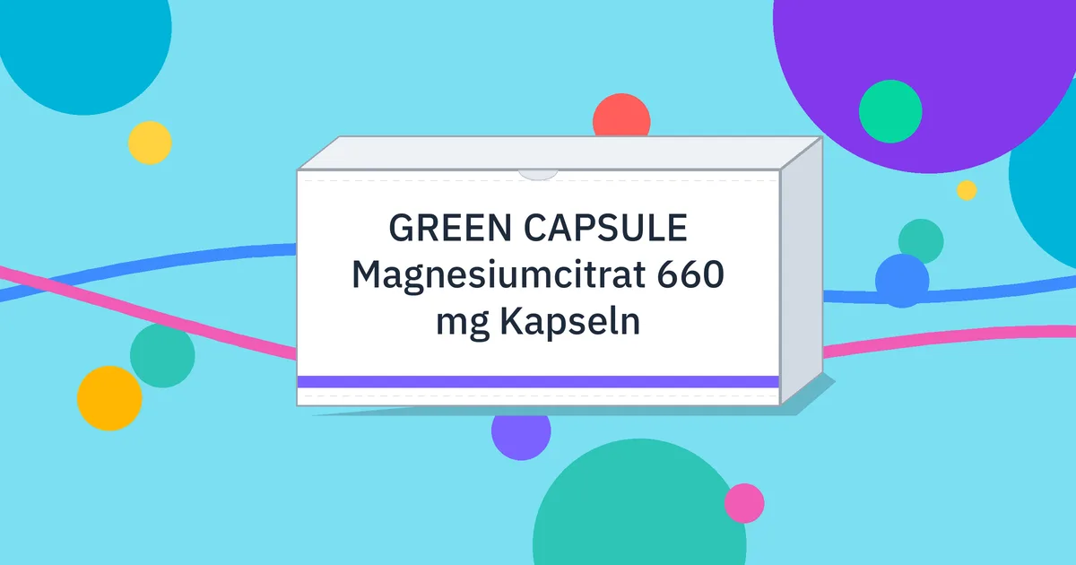 Symbolbild: Packung mit der Aufschrift GREEN CAPSULE Magnesiumcitrat 660 mg Kapseln (PZN 18243111) – Verfügbarkeit und Bezug in Apotheken in Frankfurt am Main