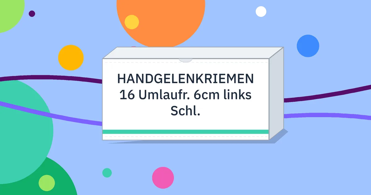 Symbolbild: Packung mit der Aufschrift HANDGELENKRIEMEN 16 Umlaufr. 6cm links Schl. (PZN 01963054) – Verfügbarkeit und Bezug in Apotheken in Frankfurt am Main