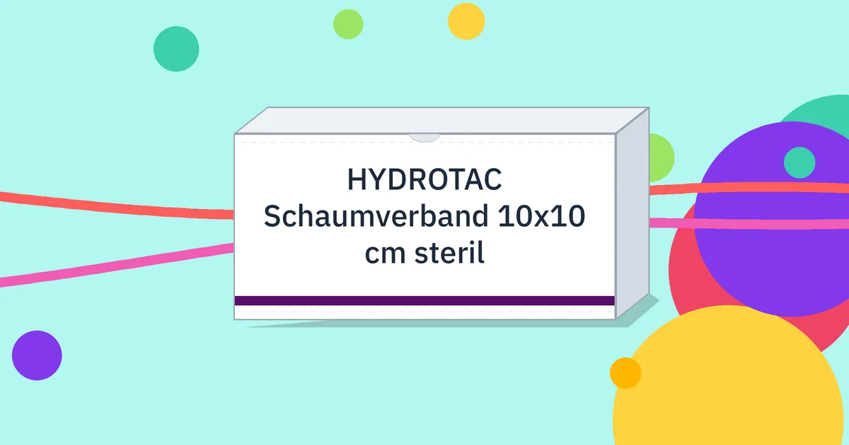 Symbolbild: Packung mit der Aufschrift HYDROTAC Schaumverband 10x10 cm steril (PZN 18716093) – Verfügbarkeit und Bezug in Apotheken in Frankfurt am Main