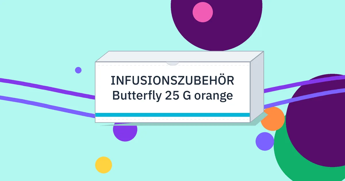 Symbolbild: Packung mit der Aufschrift INFUSIONSZUBEHÖR Butterfly 25 G orange (PZN 09630228) – Verfügbarkeit und Bezug in Apotheken in Frankfurt am Main