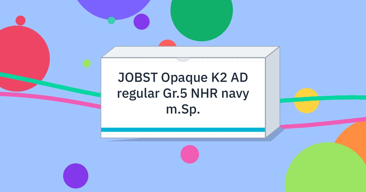Symbolbild: Packung mit der Aufschrift JOBST Opaque K2 AD regular Gr.5 NHR navy m.Sp. (PZN 13110517) – Verfügbarkeit und Bezug in Apotheken in Frankfurt am Main