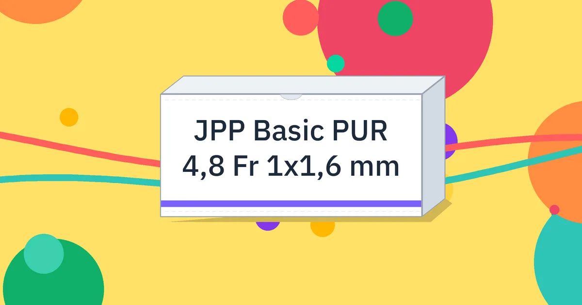Symbolbild: Packung mit der Aufschrift JPP Basic PUR 4,8 Fr 1x1,6 mm (PZN 17588405) – Verfügbarkeit und Bezug in Apotheken in Frankfurt am Main