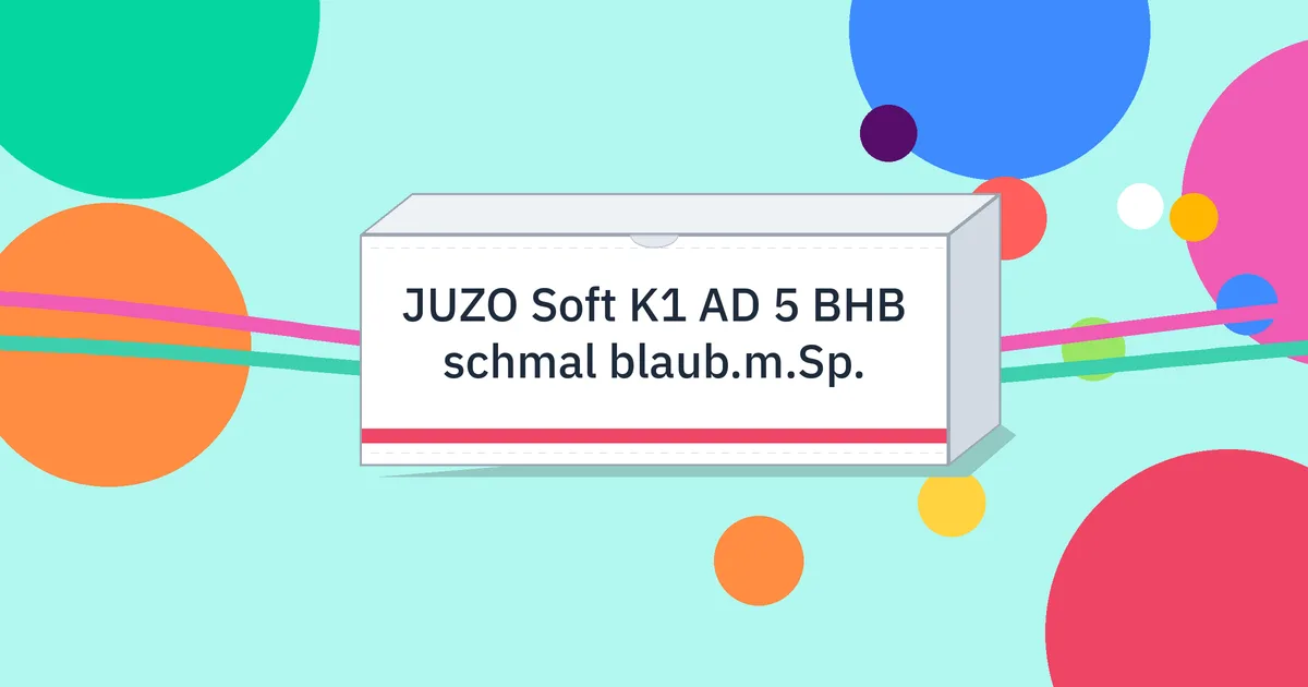 Symbolbild: Packung mit der Aufschrift JUZO Soft K1 AD 5 BHB schmal blaub.m.Sp. (PZN 15461161) – Verfügbarkeit und Bezug in Apotheken in Frankfurt am Main